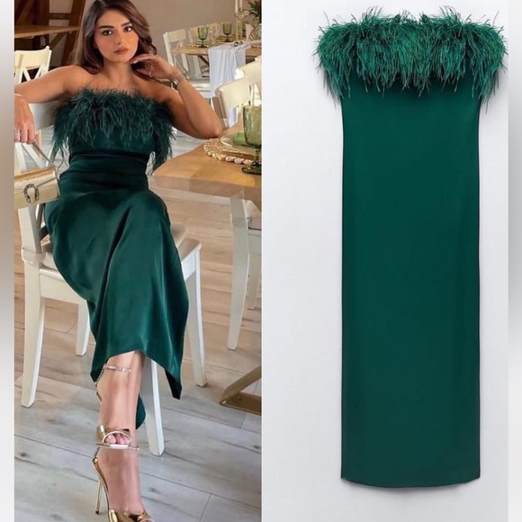 Zara | Dresses | Zara Green Feather Satin Effect Dress | Poshmark